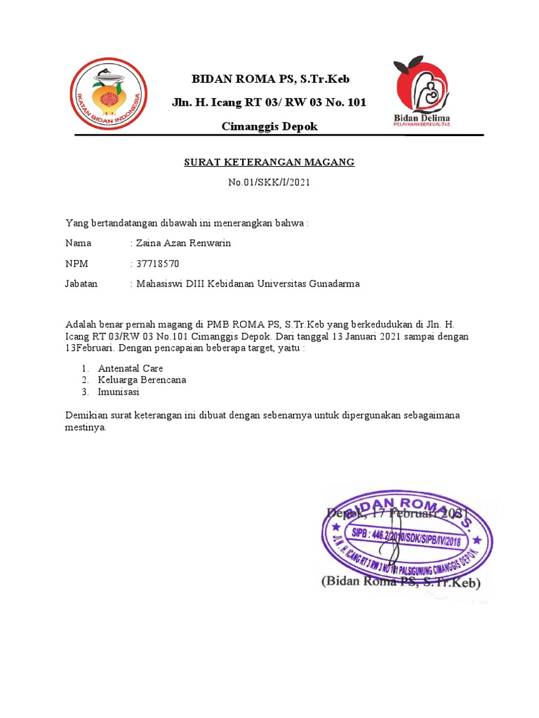 Surat Keterangan Magang Zaina Azan | PDF