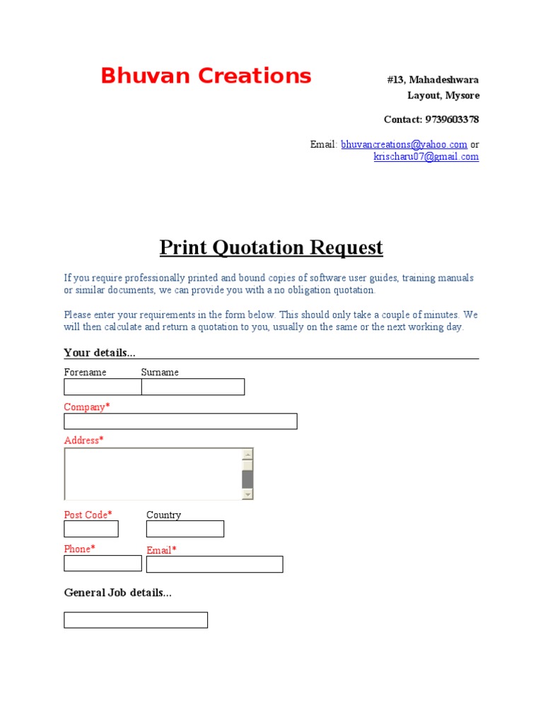 Print Quotation Request Form | PDF | Written Communication | Cyberspace