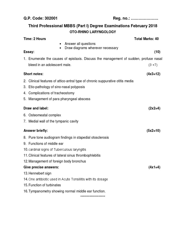 MBBS Oto-Rhino Laryngology Exam 2018 | PDF