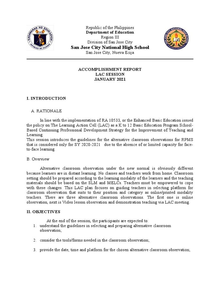 LAC Session Accomplishment Report 2021 | PDF | Classroom | Learning