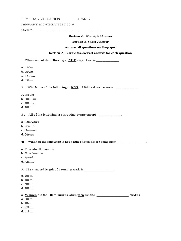 PE 9 Grade Test | PDF | Track And Field | Athletic Sports
