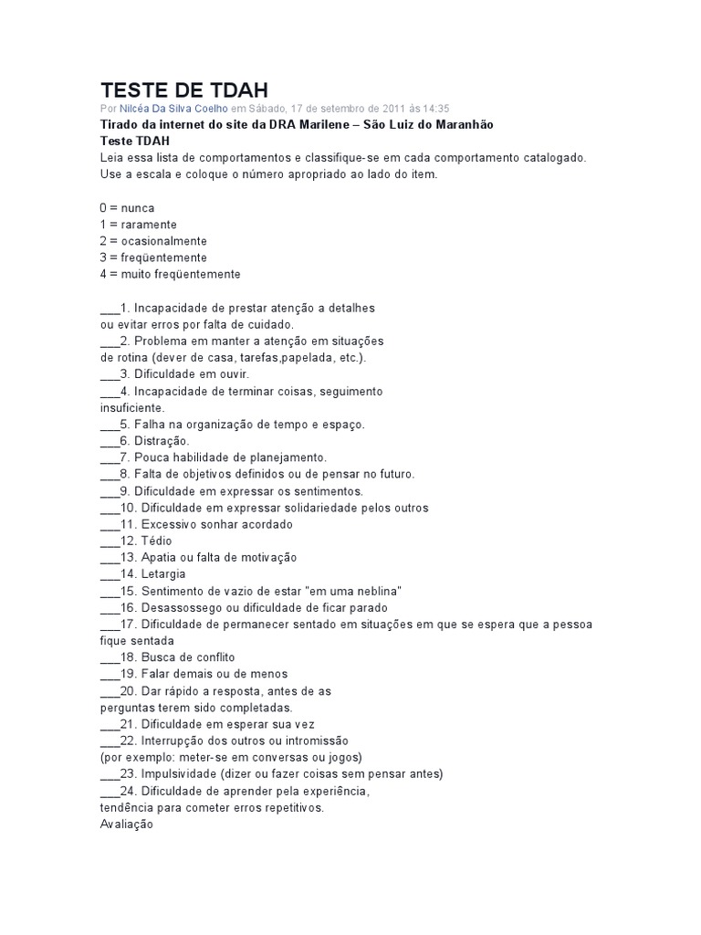 Teste de Tdah | PDF | Transtorno de déficit de atenção e hiperatividade ...