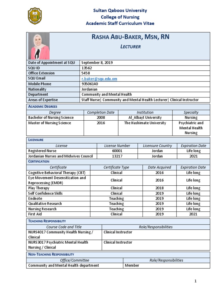 Professional CV Rasha Abu Baker | PDF | Nursing | Psychiatric And ...