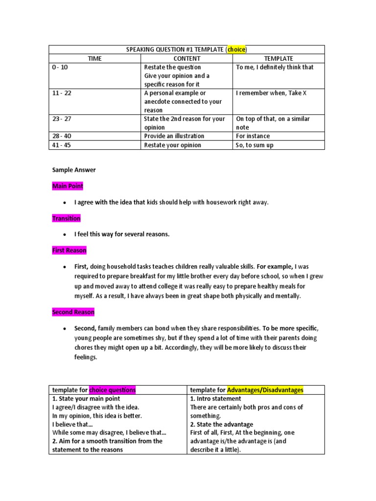 TOEFL SPEAKING Templates | PDF | Reason | Communication
