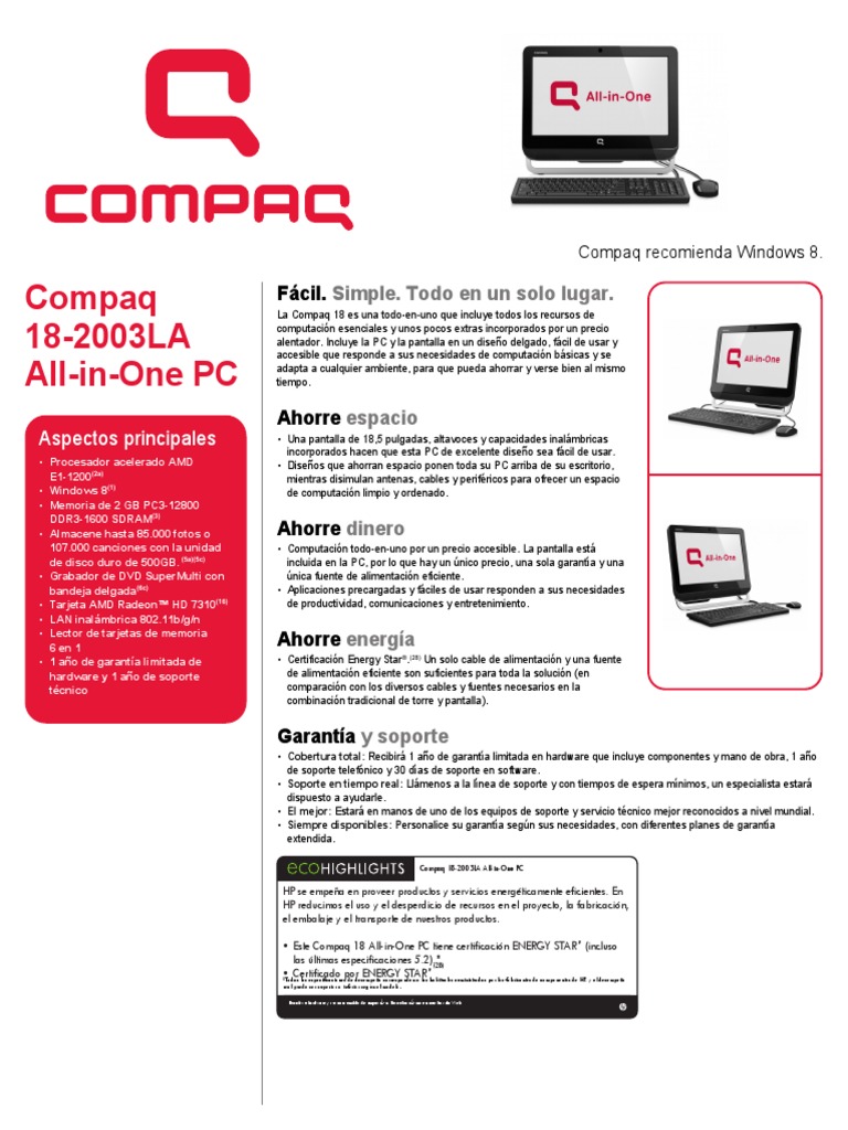Compaq 18-2003LA All-in-One PC | PDF | USB | Disco duro