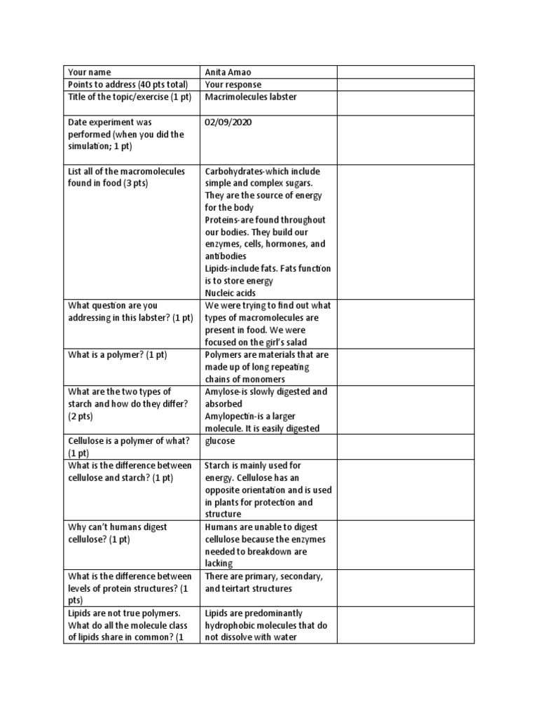 Food Macromolecules Analysis Labster | PDF | Macromolecules | Fat