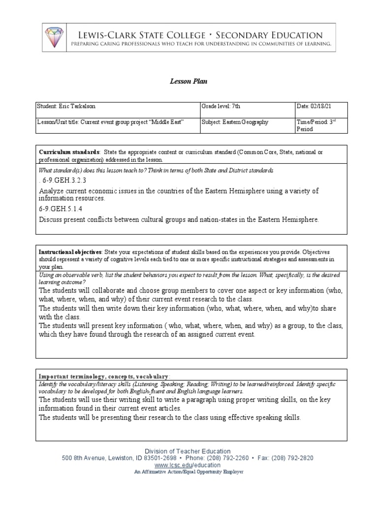 Lesson Plan Template Current Events 7th Grade Geography 2021 | PDF ...