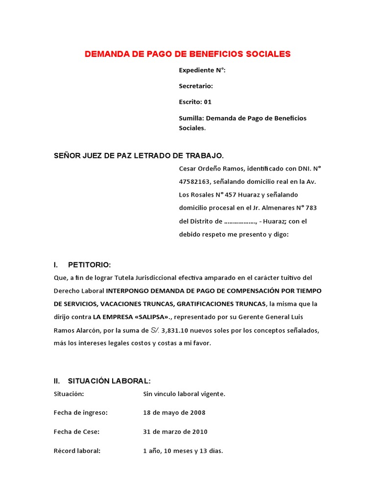 Demanda de Pago de Beneficios Sociales | PDF | Derecho laboral | Demanda judicial