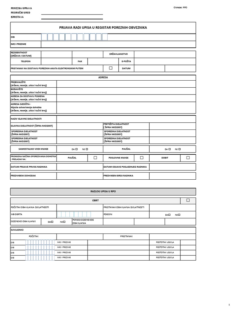 RPO Obrazac Porezna | PDF