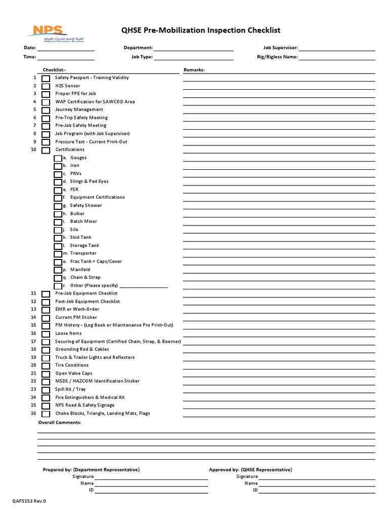 QAF5153 Rev.0 Pre-Mobilization Inspection Checklist - Guidelines - 1 ...