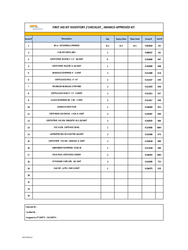 QAF5180 Rev0 First Aid Kit Inventory Sheet - ARAMCO TYPE | PDF | First Aid