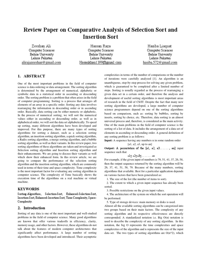 Review Paper On Comparative Analysis of Selection Sort and Insertion Sort | PDF | Theoretical ...