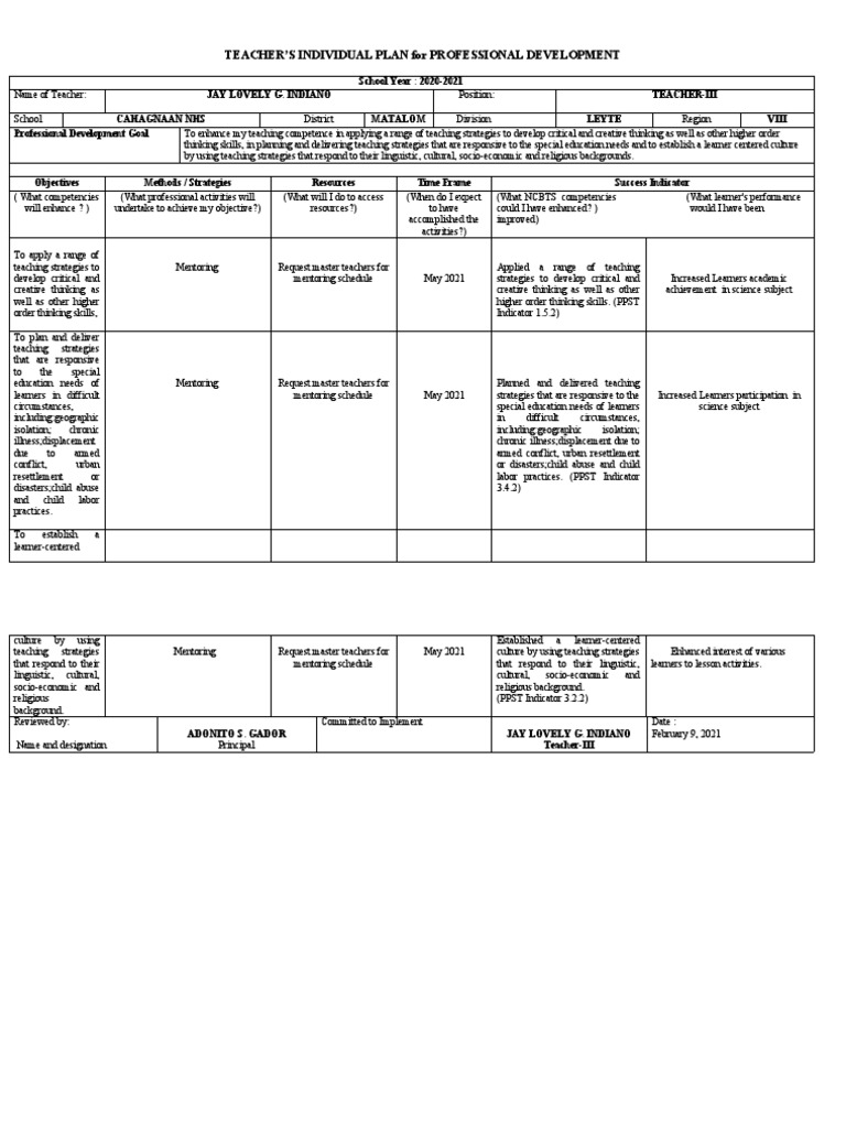 Teacher'S Individual Plan For Professional Development | Download Free ...