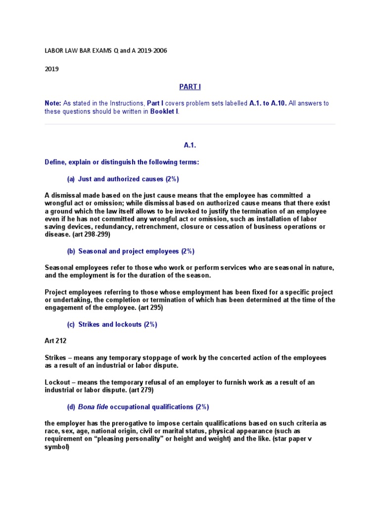 Labor Law Bar Exams Q and A 2019-2006 2019: These Questions Should Be ...
