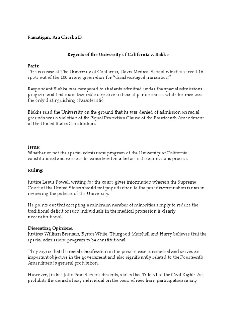 Regents of The University of California v. Bakke | PDF