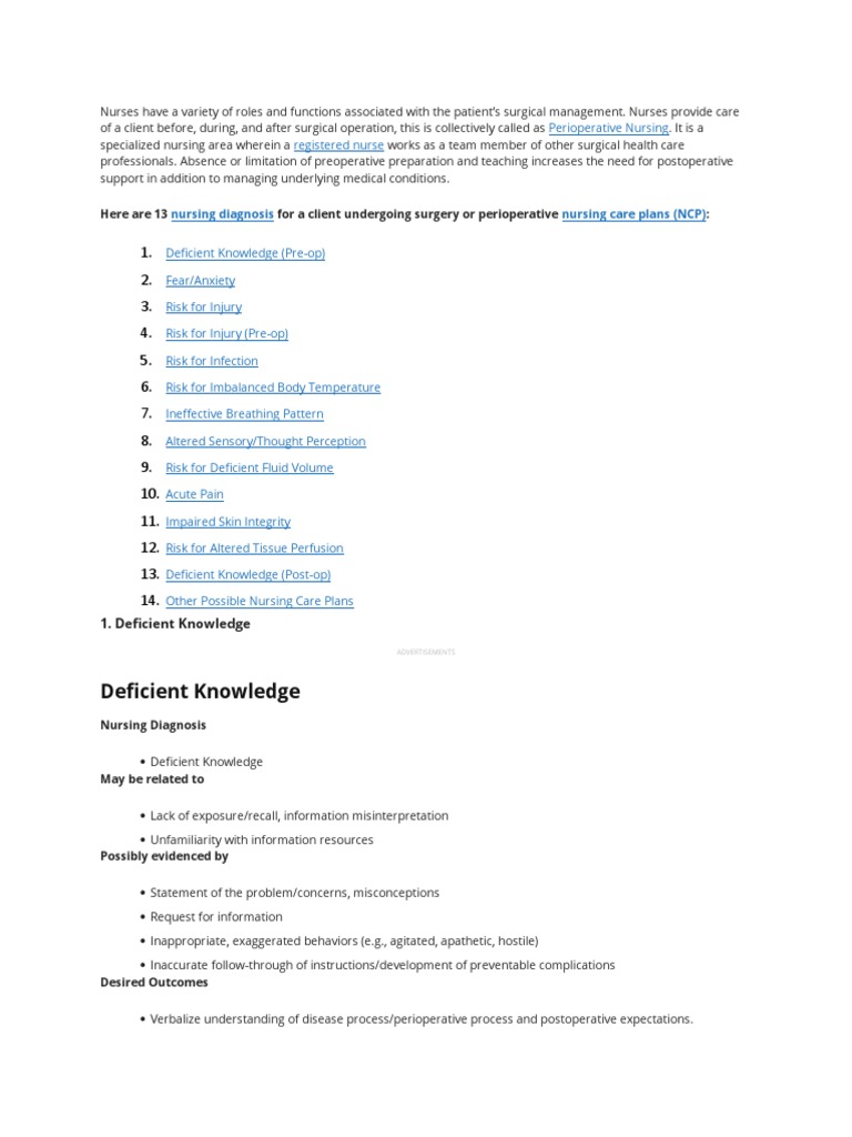 Deficient Knowledge: Nursing Diagnosis Nursing Care Plans (NCP) | PDF ...