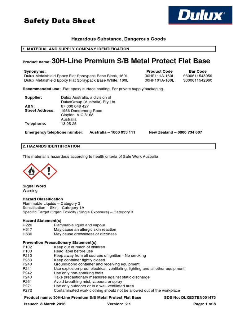 30H-Line Premium S/B Metal Protect Flat Base: Safety Data Sheet | PDF ...
