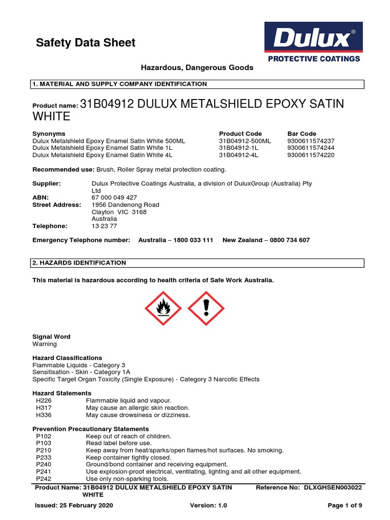 31B04912 Dulux Metalshield Epoxy Satin White: Safety Data Sheet | PDF ...