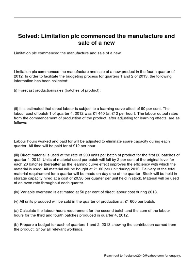 Limitation plc Budgeting for New Product | PDF | Economies | Business