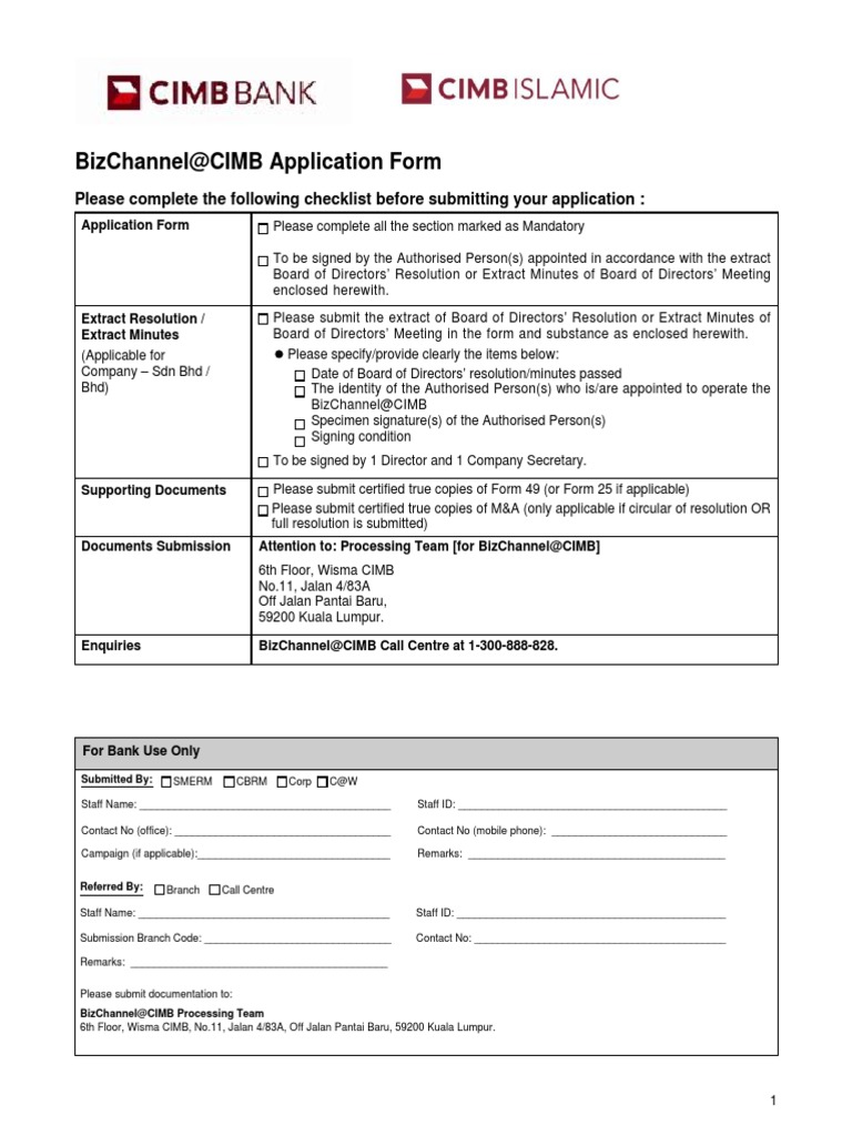 Bizchannel@Cimb Application Form: Please Complete The Following ...