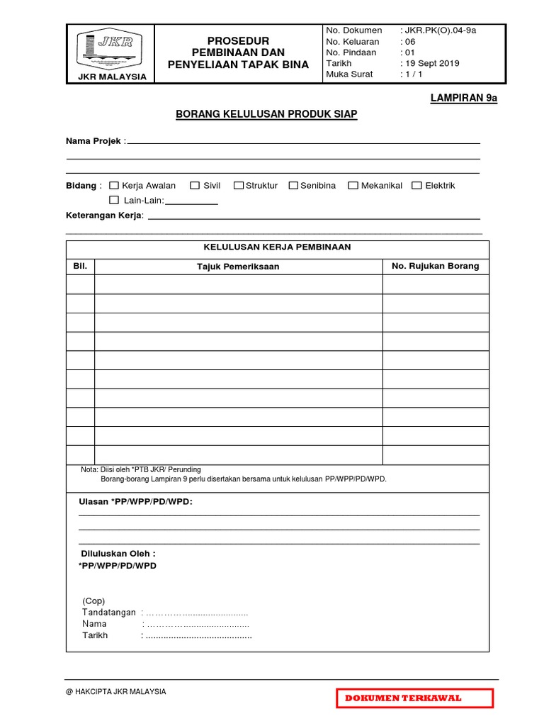 LAMPIRAN 9a - BORANG KELULUSAN PRODUK SIAP - JKR - PK (O) .04-9a - K6P1 ...