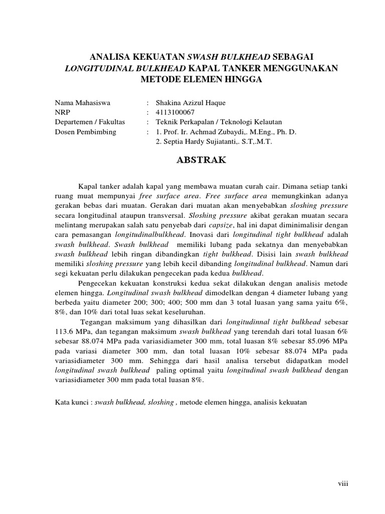 Strength Analysis of Swash Bulkhead As Longitudinal Bulkhead of Cargo ...