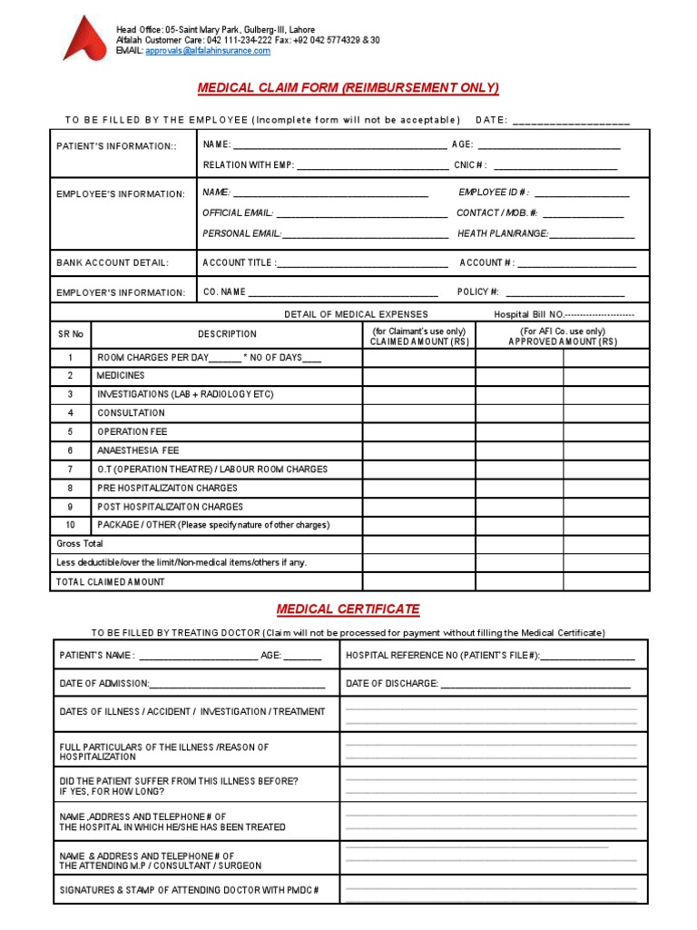 Medical Claim Form (Reimbursement Only) | PDF | Hospital | Physician