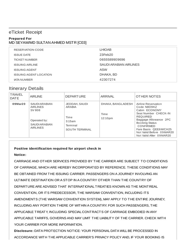 Electronic Ticket Receipt, March 09 For MSTR MD SULTAN AHMED MD SEYAM | PDF | Airlines ...