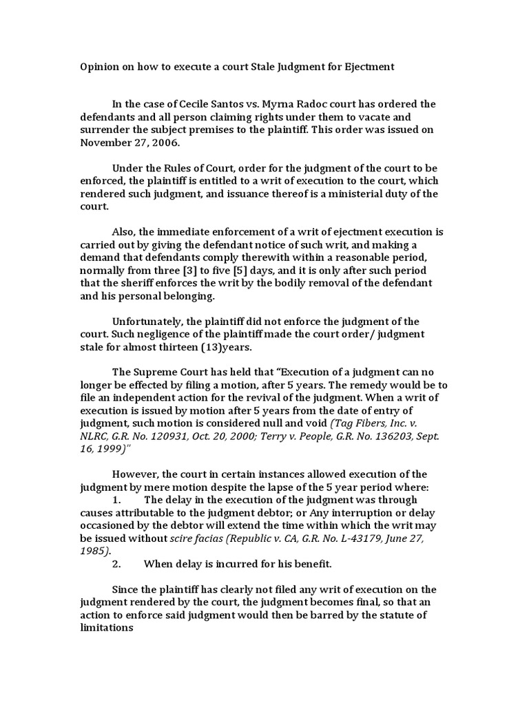 Opinion On How To Execute A Court Judgment For Ejectment | PDF | Writ ...