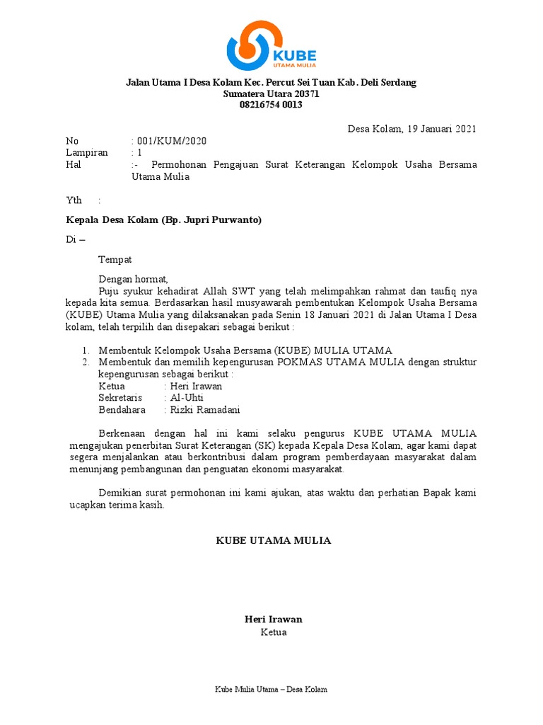 Surat Permohonan SK Desa Kube Utama Mulia | PDF