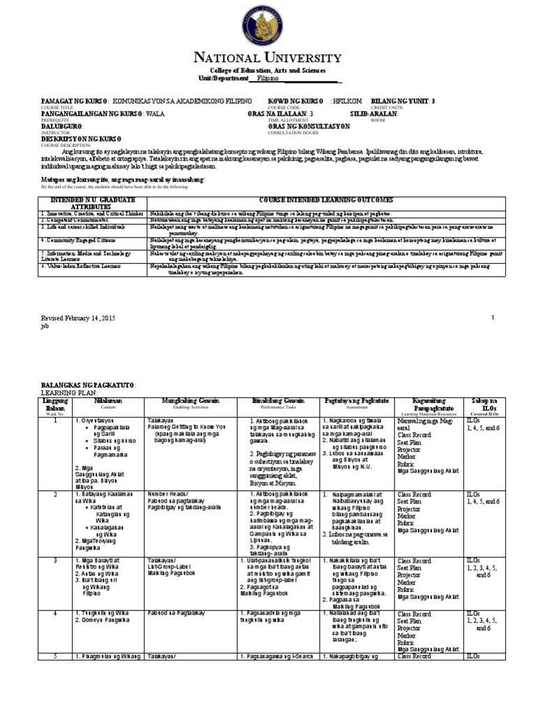 Filipino 1 Obe Syllabus Istruktura NG Wikang Filipinodoc | PDF
