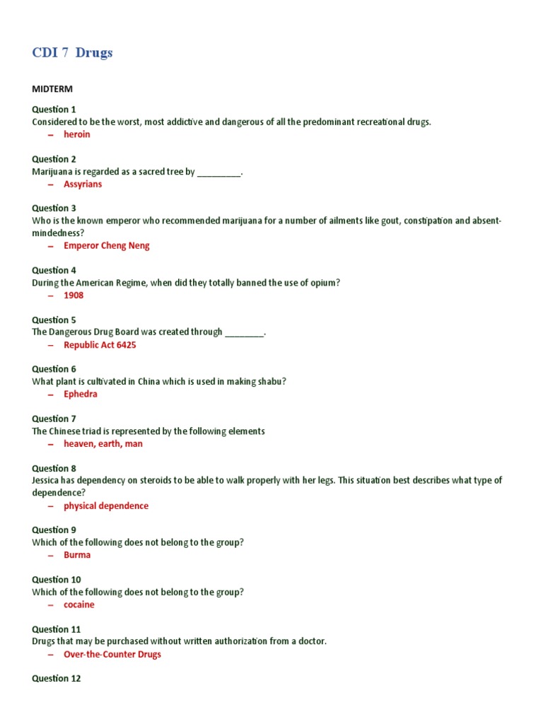 CDI 7 Drugs Midterm Questions | PDF | Illegal Drug Trade | Heroin