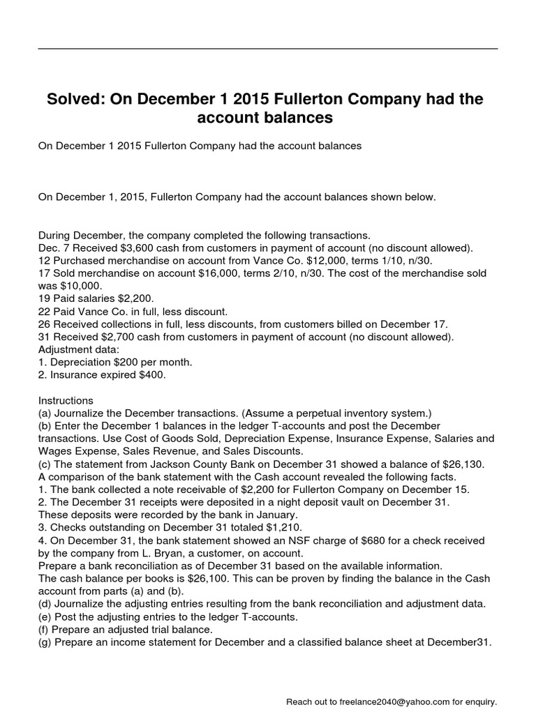 On December 1 2015 Fullerton Company Had The Account Balances | PDF ...