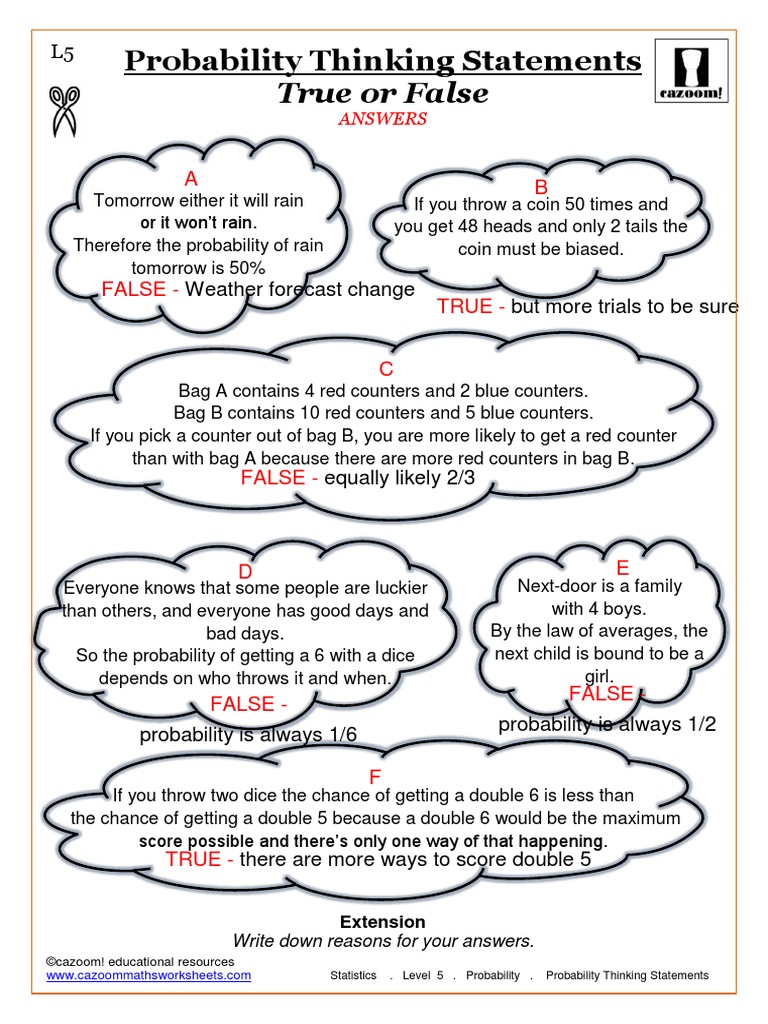 Statistics. Level 5. Probability. Probability Statements (True or False ...