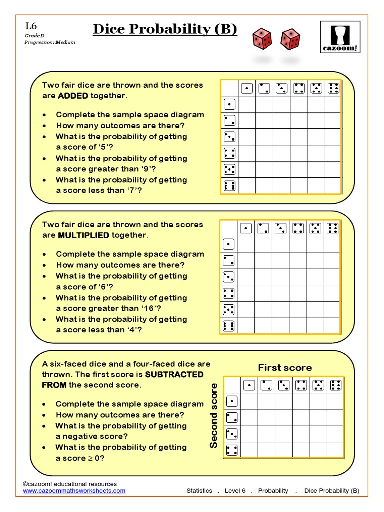 Statistics. Level 6. Probability. Dice Probability (B) | PDF | Career ...