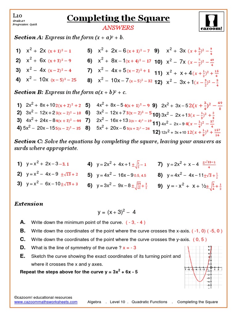 Expressing Quadratic Functions in the Forms (x + a)2 + b and a(x + b)2 ...