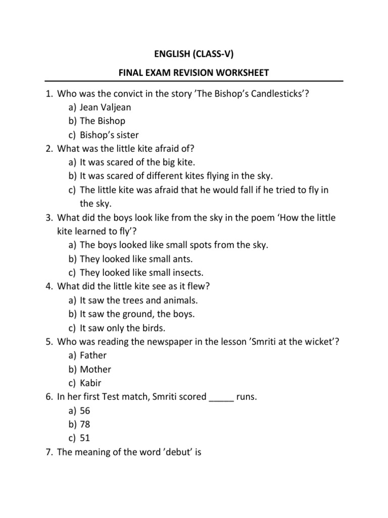 Class 5 English Final Worksheet | PDF | Subject (Grammar) | Comma