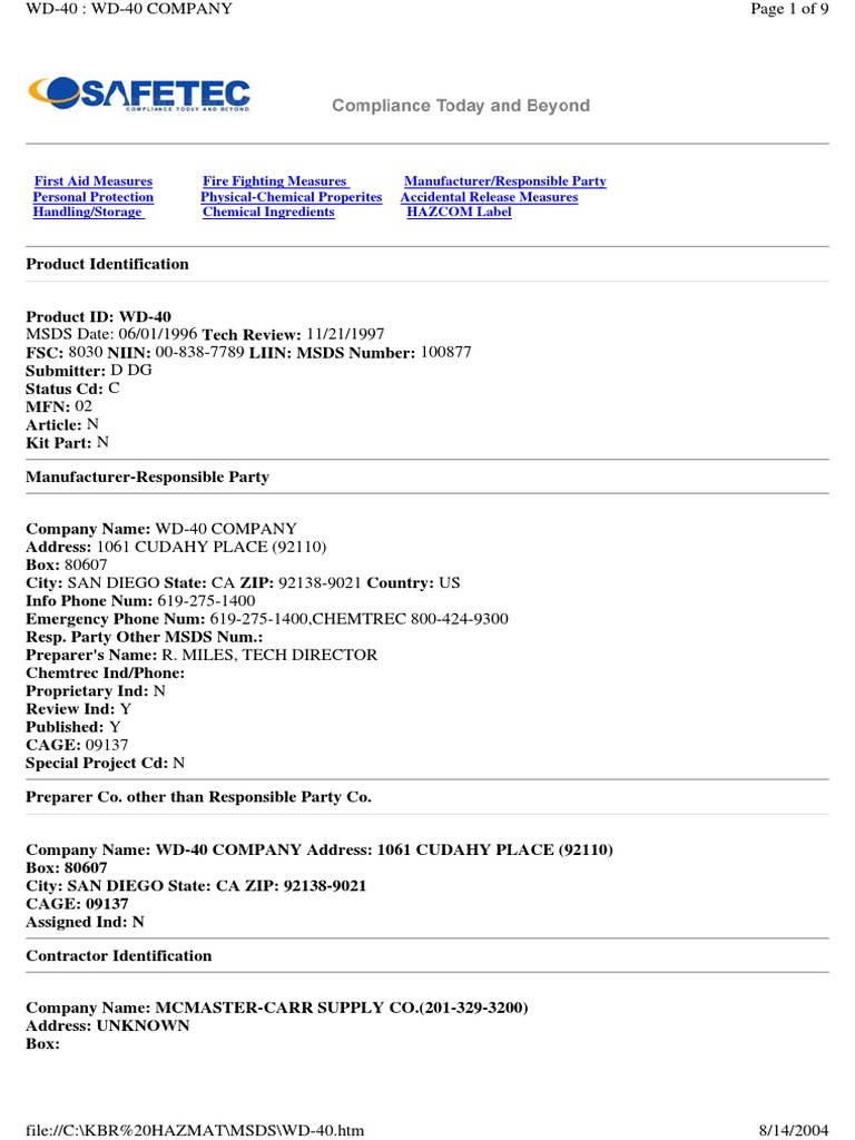MSDS - WD-40 | PDF | Personal Protective Equipment | Breathing