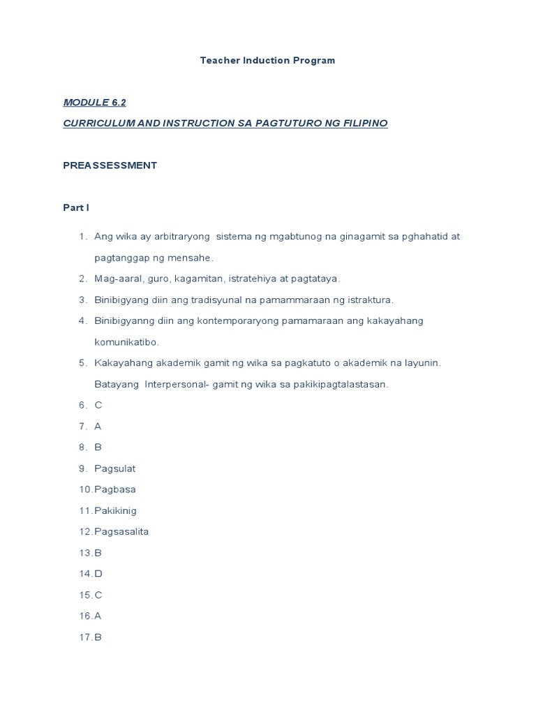 Curriculum and Instruction Sa Pagtuturo NG Filipino: Teacher Induction ...