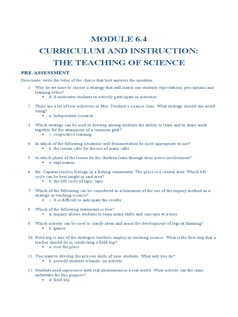 Curriculum and Instruction: The Teaching of Science: Pre-Assessment ...