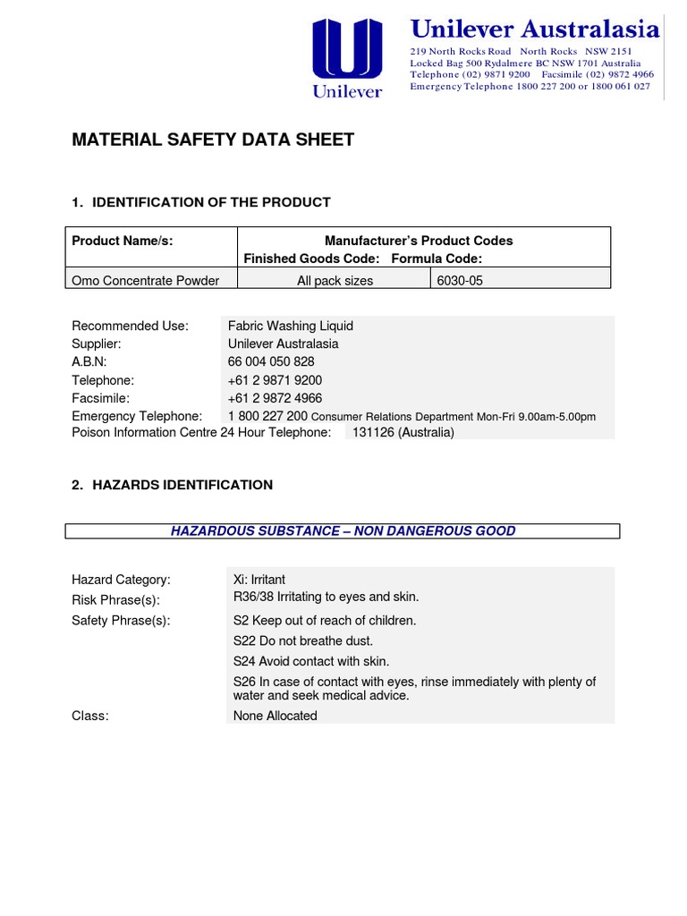 MSDS - Omo Powder Detergent | Download Free PDF | Toxicity | Personal ...