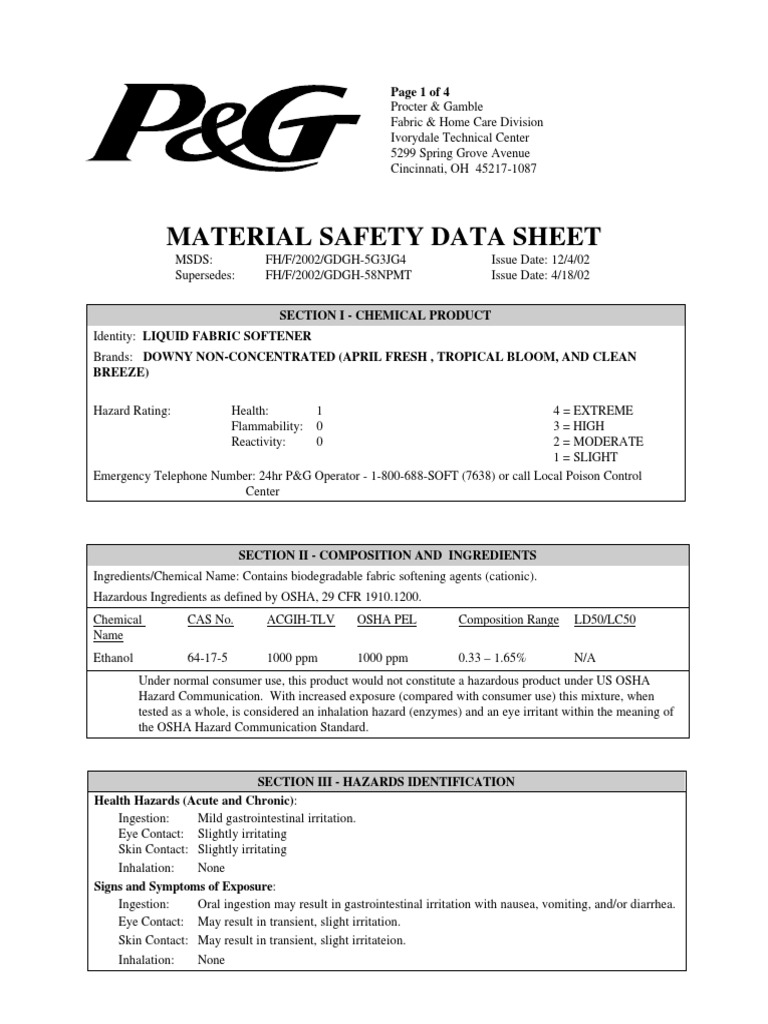 MSDS - P&G Liquid Downy - LIQUID FABRIC SOFTENER | PDF | Waste ...