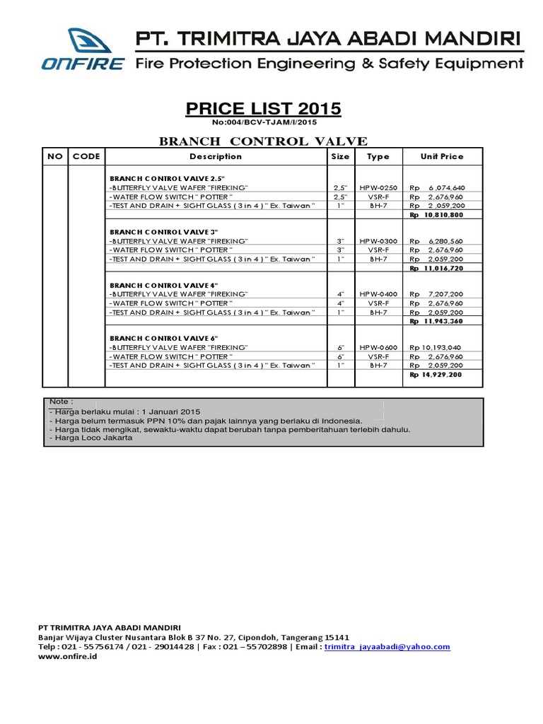 Price List 2015: Branch Control Valve | PDF | Nature
