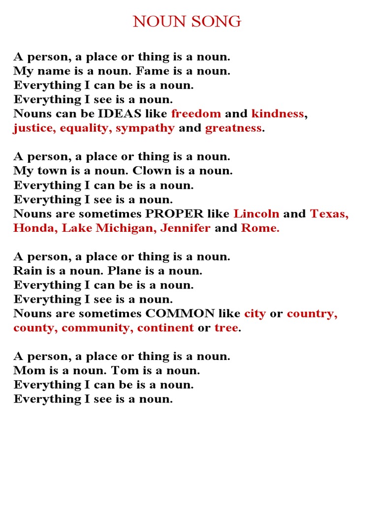 Noun Song: Freedom Kindness Justice, Equality, Sympathy Greatness | PDF