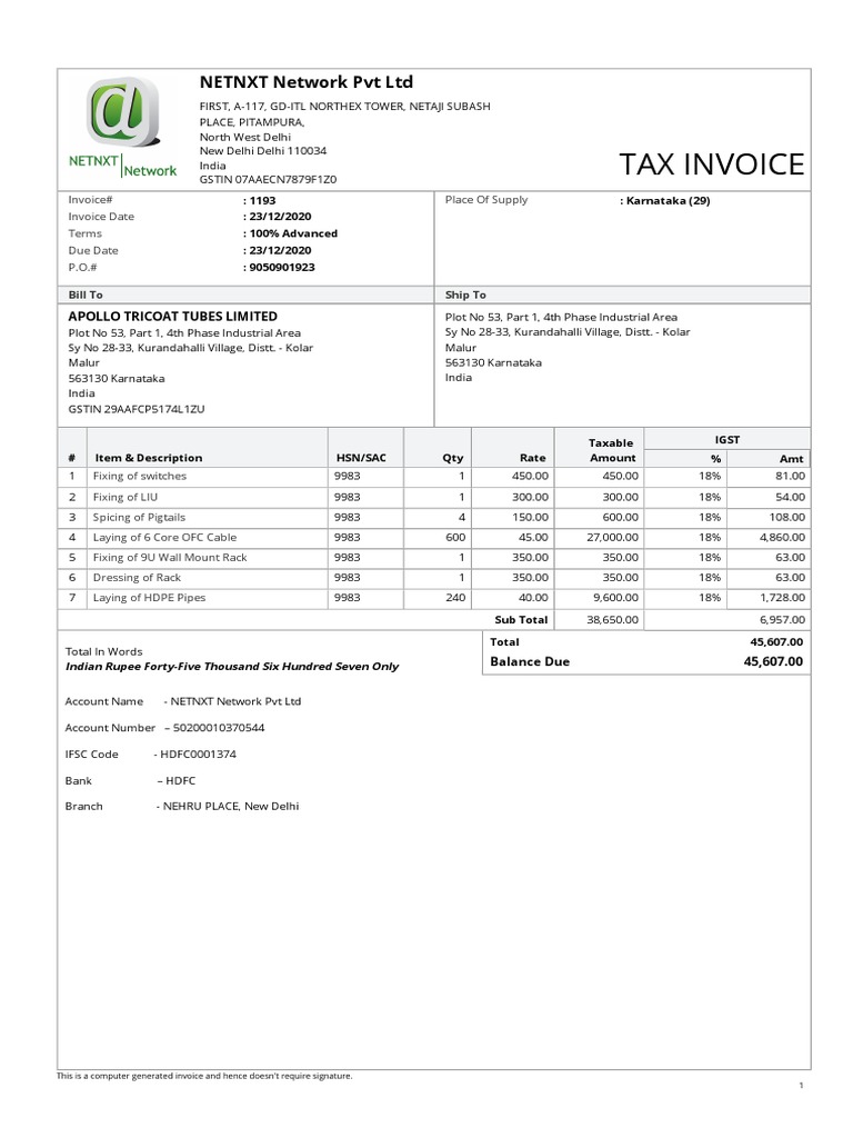 Invoice #1193 Apollo Service | PDF | Economies | Taxation