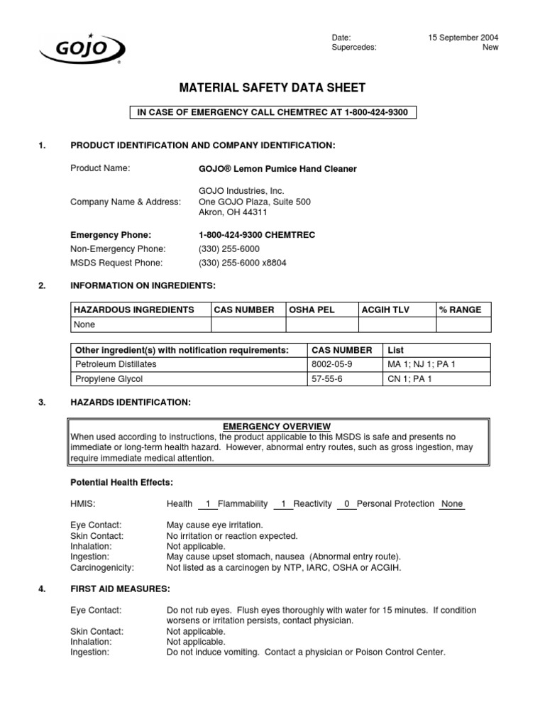 MSDS - GOJO Lemon Pumice Hand Cleaner | PDF | Occupational Safety And ...