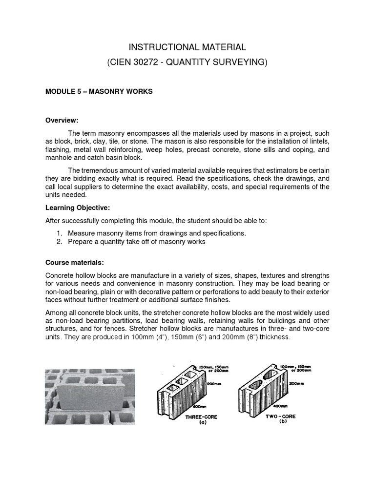 Quantifying Masonry Works: Estimating Materials for Concrete Hollow ...