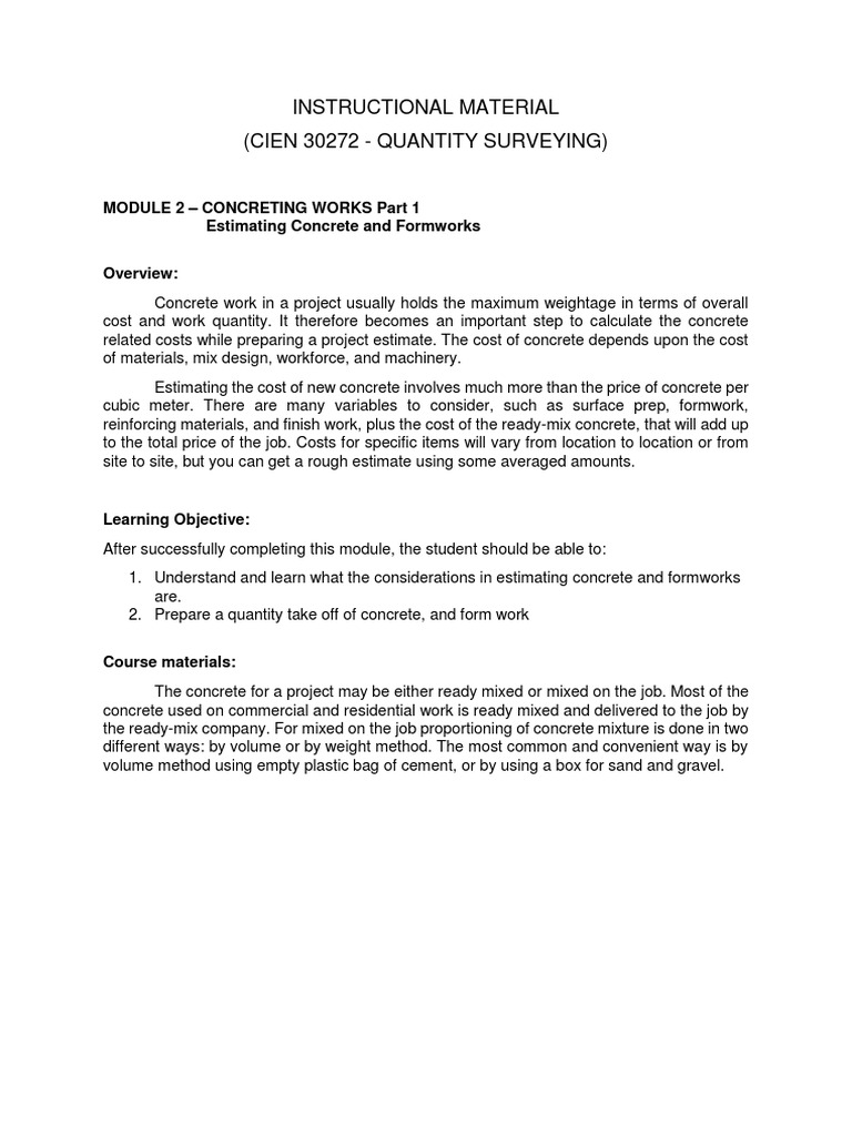 Module 3 - Quantity | PDF | Concrete | Building Engineering