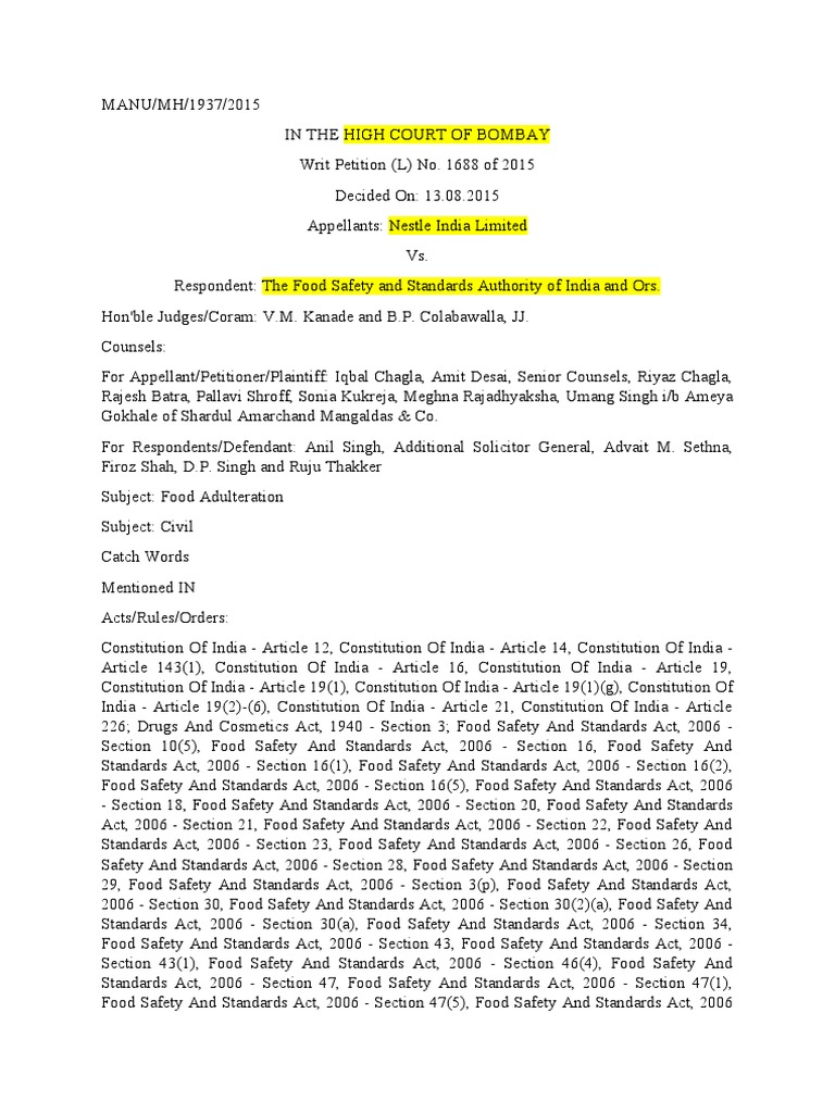 Nestle India Limited V The Food Safety and Standards Authority of India ...