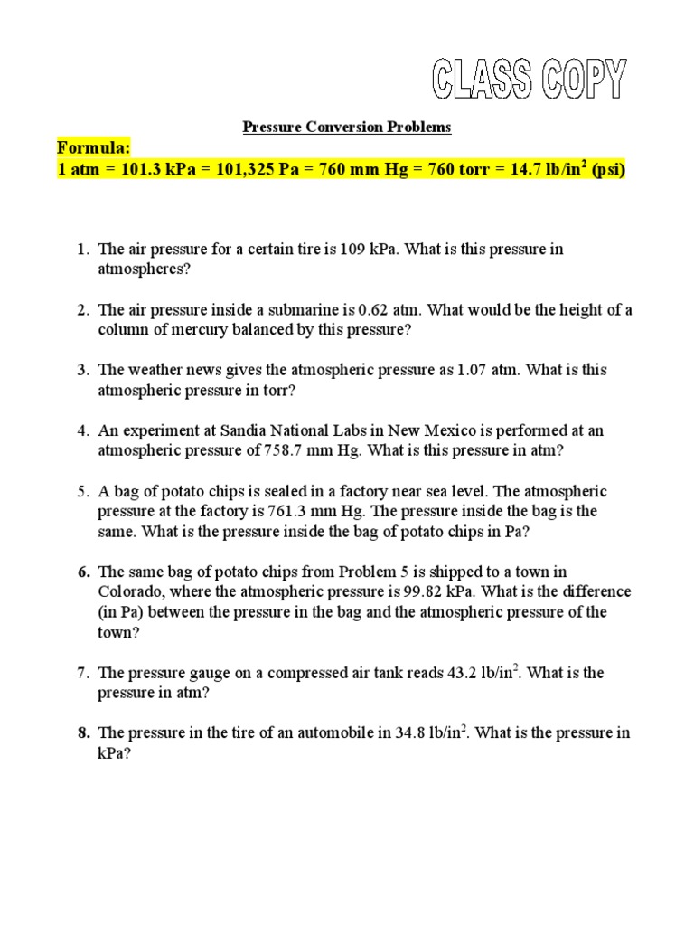 Pressure Conversion Problems | PDF
